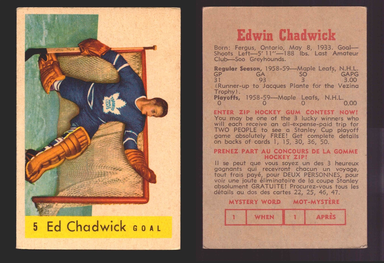 1958-1959 Parkhurst Hockey Edwin Chadwick #5 Maple Leafs Trading Card F ...