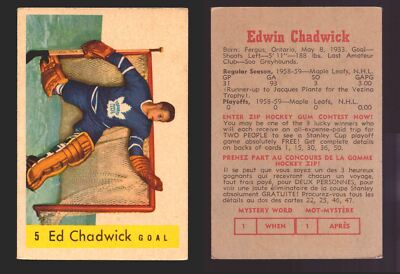 1958-1959 Parkhurst Hockey Edwin Chadwick #5 Maple Leafs Trading Card F ...