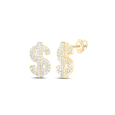 10K Yellow Gold Round Diamond Money US Dollar Sign Earring 11m Pave ...