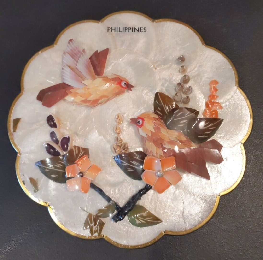 Vintage "Philippines" Capiz Shell Scalloped Seashell Art Birds and ...