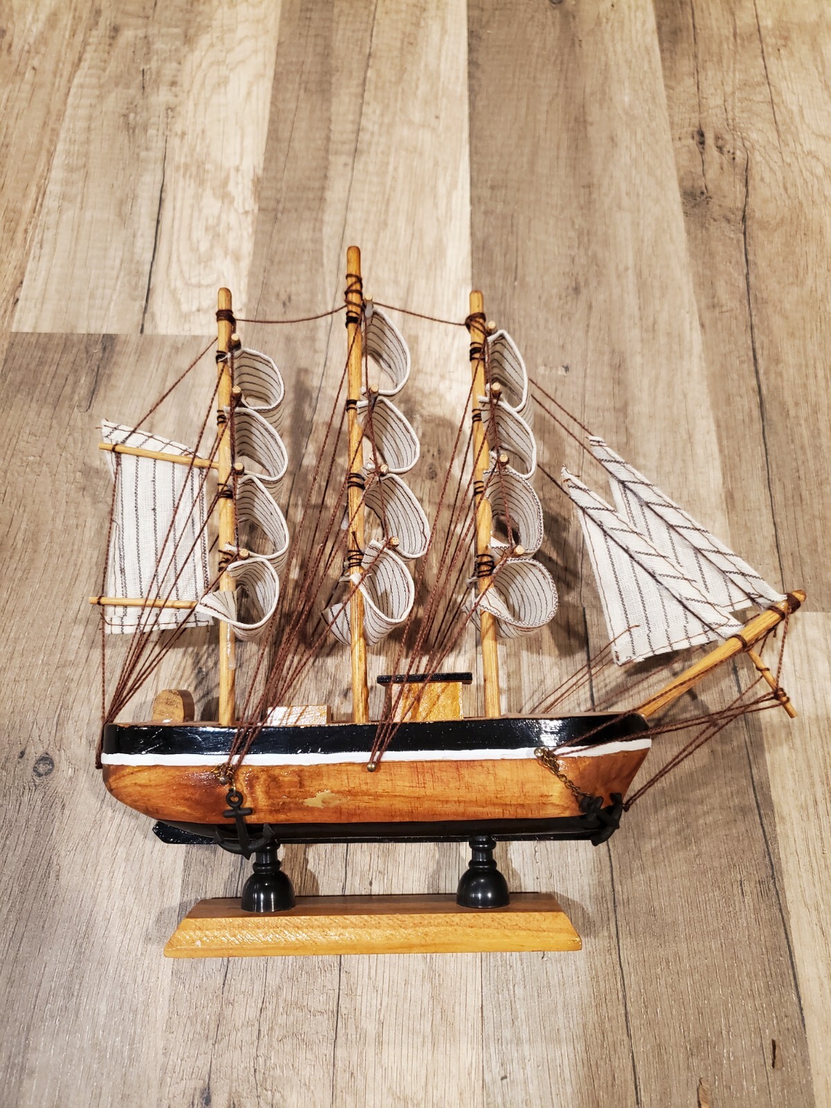 Vintage Miniature Wood Model Tall Sailing Ship Fabric Sails Sailboat ...