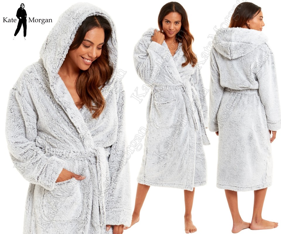 LADIES DRESSING GOWN SOFT & COSY SHIMMER SNUGGLE HOODED FLEECE ROBE ...