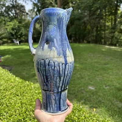 Tim Sherman Studio Pottery Pitcher Wood Fired Blue Drip Ash Glaze ...