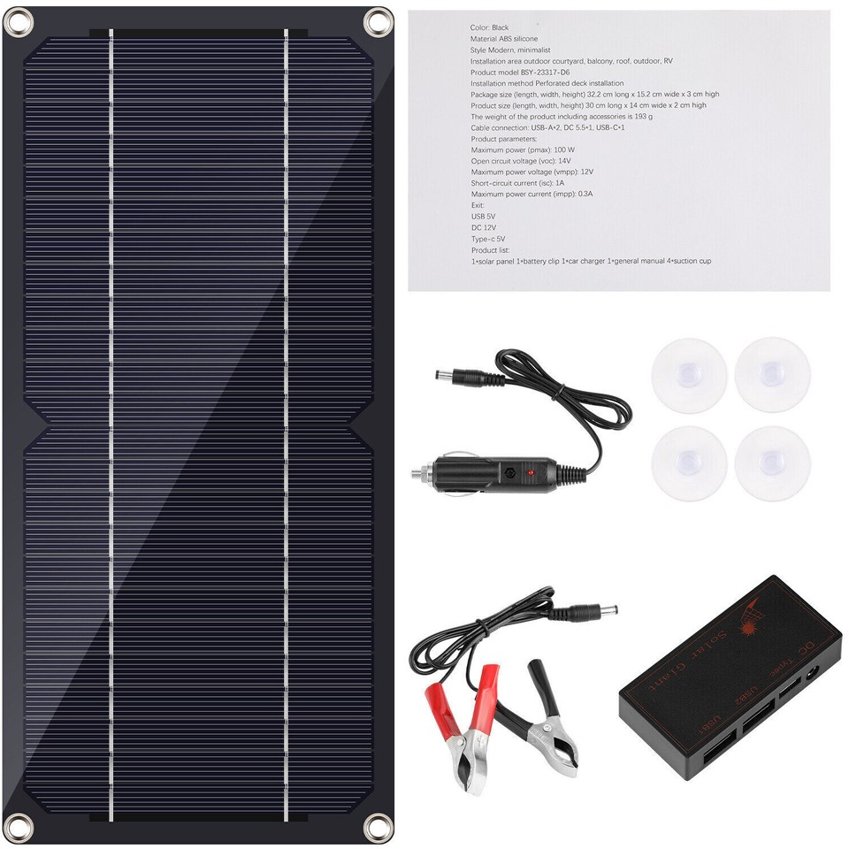 100W Solar Panel Trickle Charger Battery Maintainer with 12V Car Charge ...