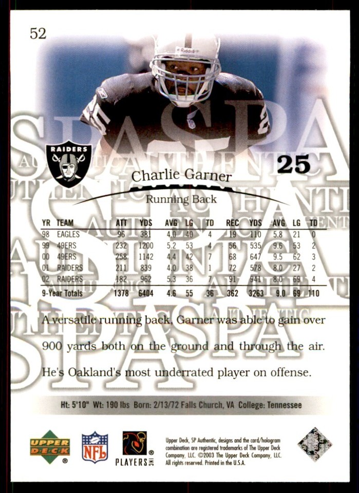 2003 SP Authentic #52 Charlie Garner | eBay