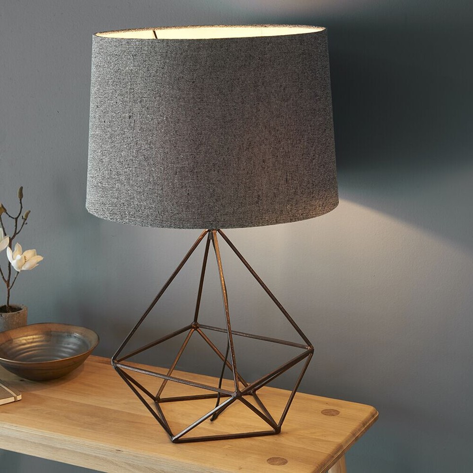 Geometric Frame Table Lamp Aged Copper & Grey Fabric Shade Bedside ...