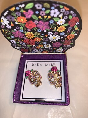 Bella Jack Skull Day Of The Dead Stud Earrings With Crystals And Red ...