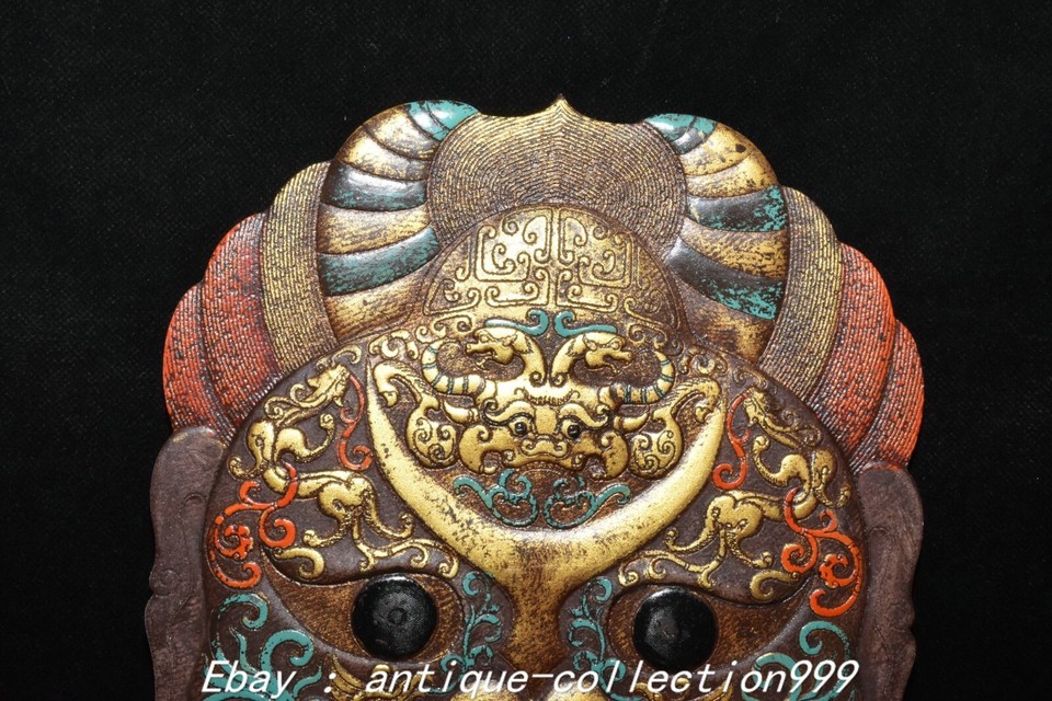 9.4" China Hongshan Culture Old Jade Gilt Painting Carved Beast Face ...