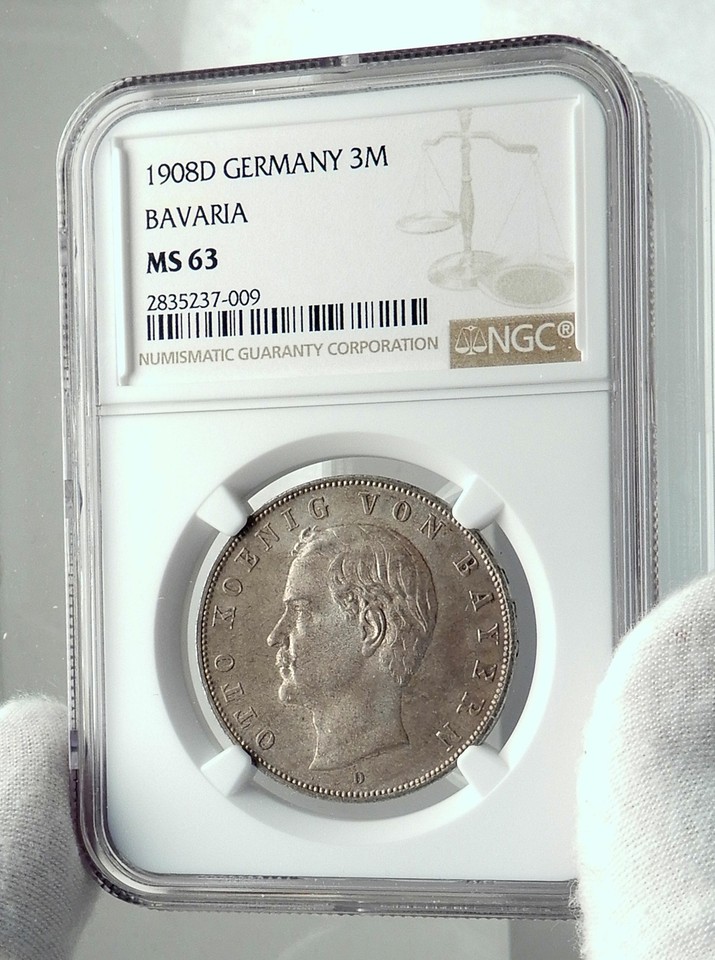 1908 GERMANY German States BAVARIA King OTTO Silver 3 Mark Coin NGC MS ...