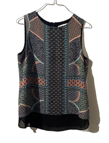 ROSE & OLIVE Black Sheer Hemline Trim Multicolor Print Top Sleeveless ...