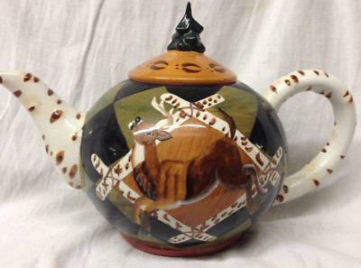 ZRIKE SUZAN RIGGSBEE WHITE OUTPOST TEAPOT 44 OZ DEER PINE CONES BIRCH ...