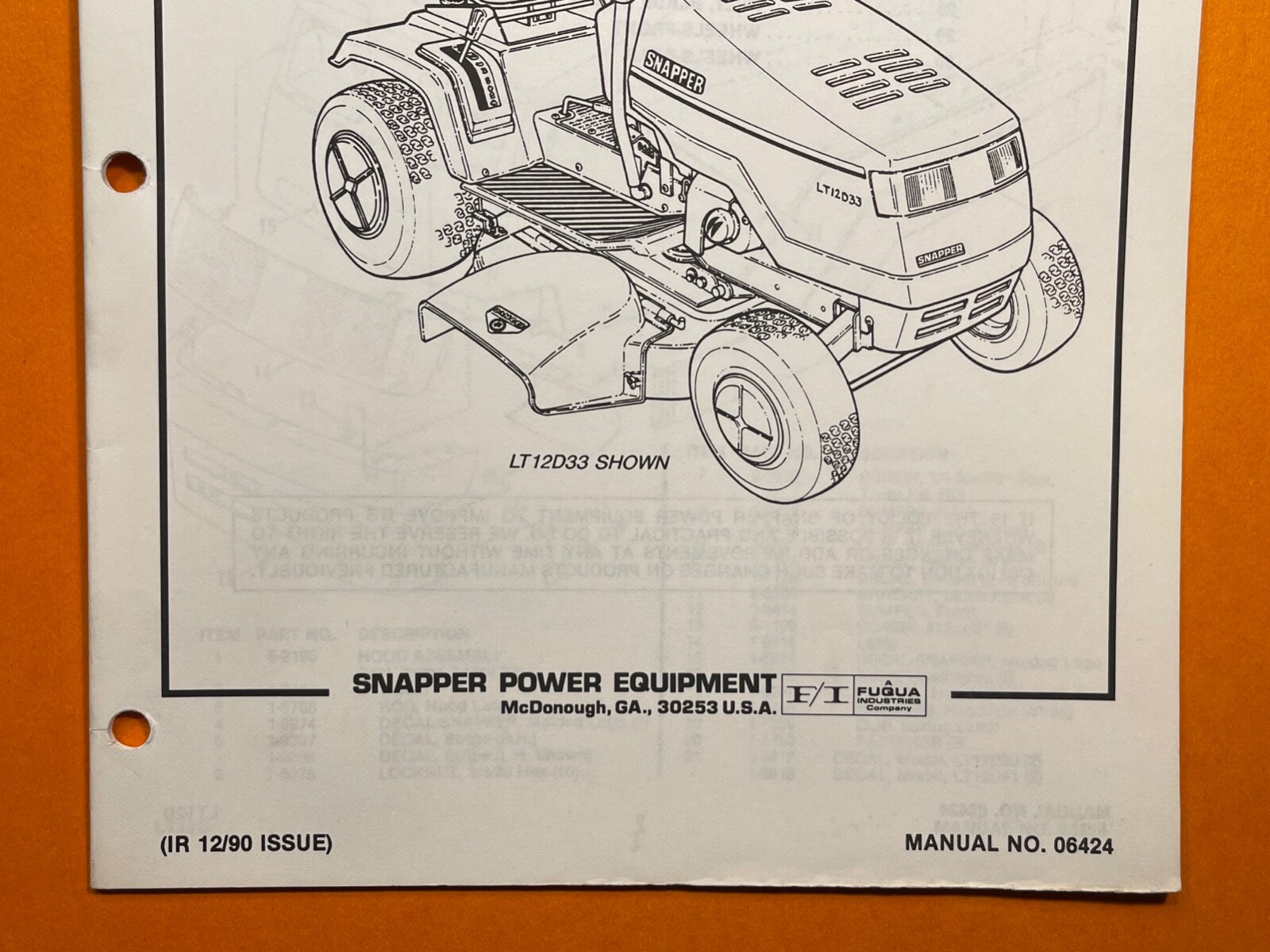 Snapper - LT12D33 & LT12D41 Lawn Tractor *Series 1* (Parts Manual ...