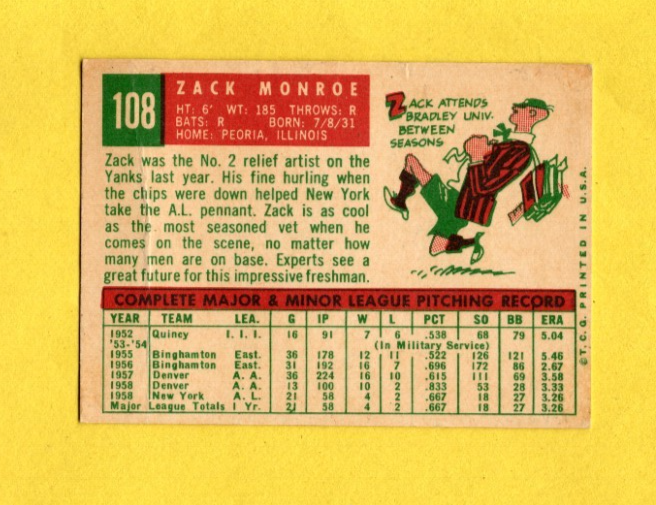1959 Topps Zack Monroe #108 New York Yankees GOOD+ FREE SHIPPING | eBay