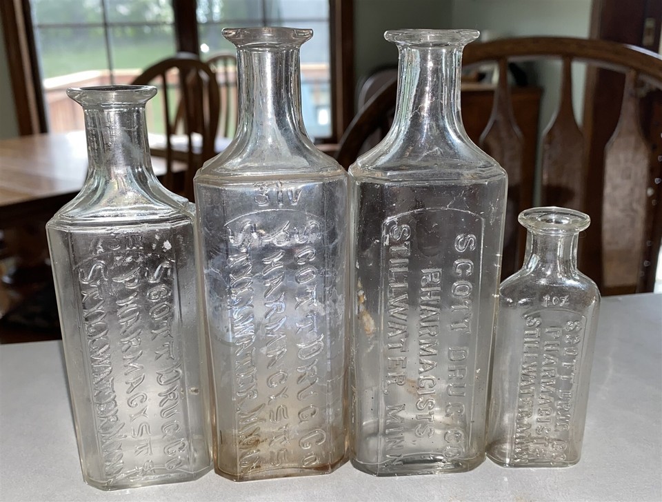 4 Antique Pharmacy Druggist Embossed bottles Scott Drug Co Stillwater ...