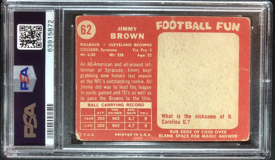 1958 Topps #62 Jim Brown Rookie PSA A (Authentic) HOF RC Football Card ...