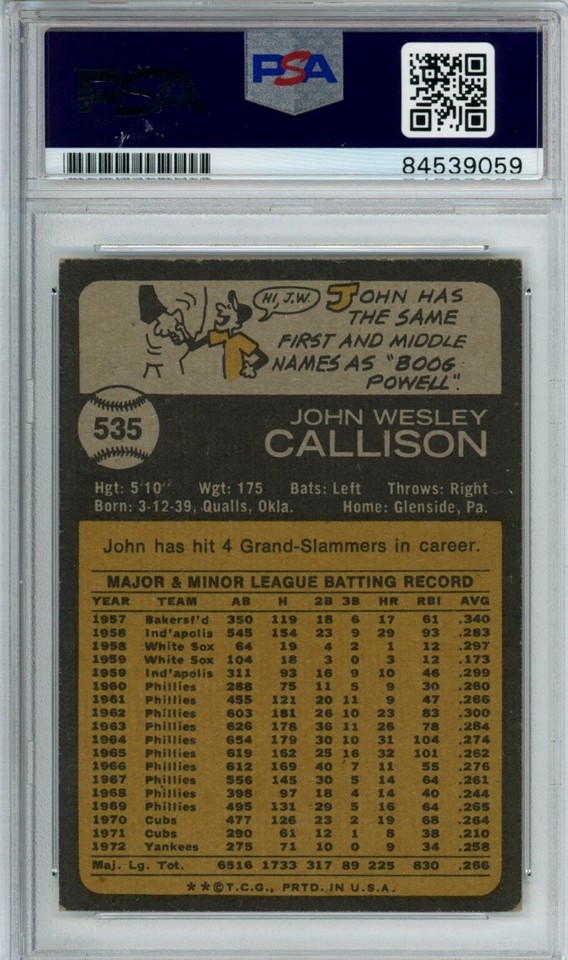 Johnny Callison Yankees Signed/Autographed 1973 TOPPS Card #535 PSA/DNA ...