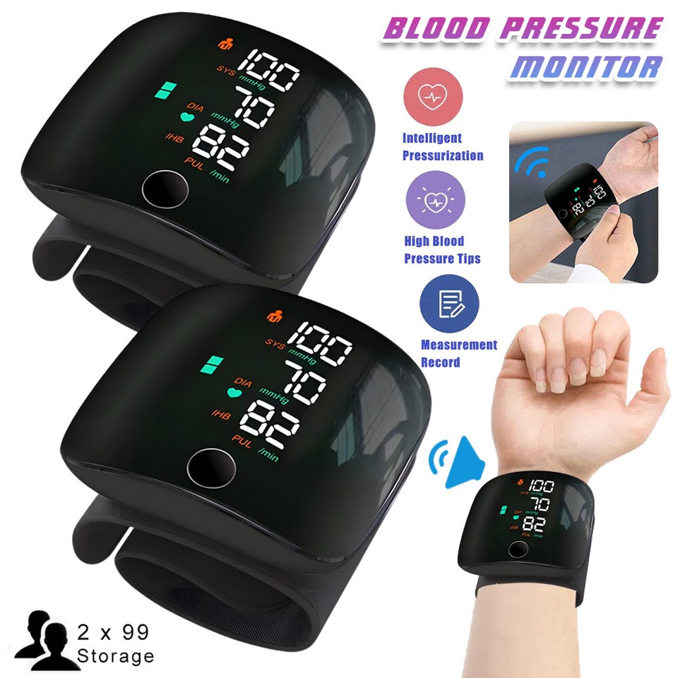 Wrist Blood Pressure Monitor Rechargeable Voice Broadcast Heart Rate BP ...
