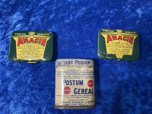 Vtg.”Anacin” Pain Relief Tins (2) & “Postum Cereal” (Instant Postum ...