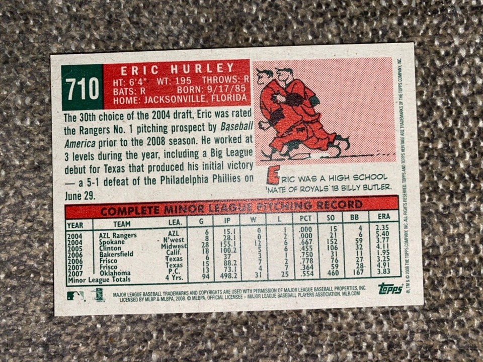 2008 Topps Heritage High #710 Rangers Eric Hurley SP Rookie Baseball ...