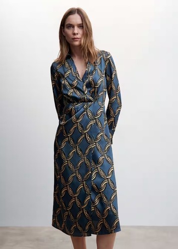 Mango Chain Geo Print Satin Wrap Detail Shirt Straight MIDI Dress Blue ...