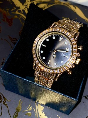 Men's Custom Fully Ice out Bling Round Icy Black Dial Gold Watch Iced ...