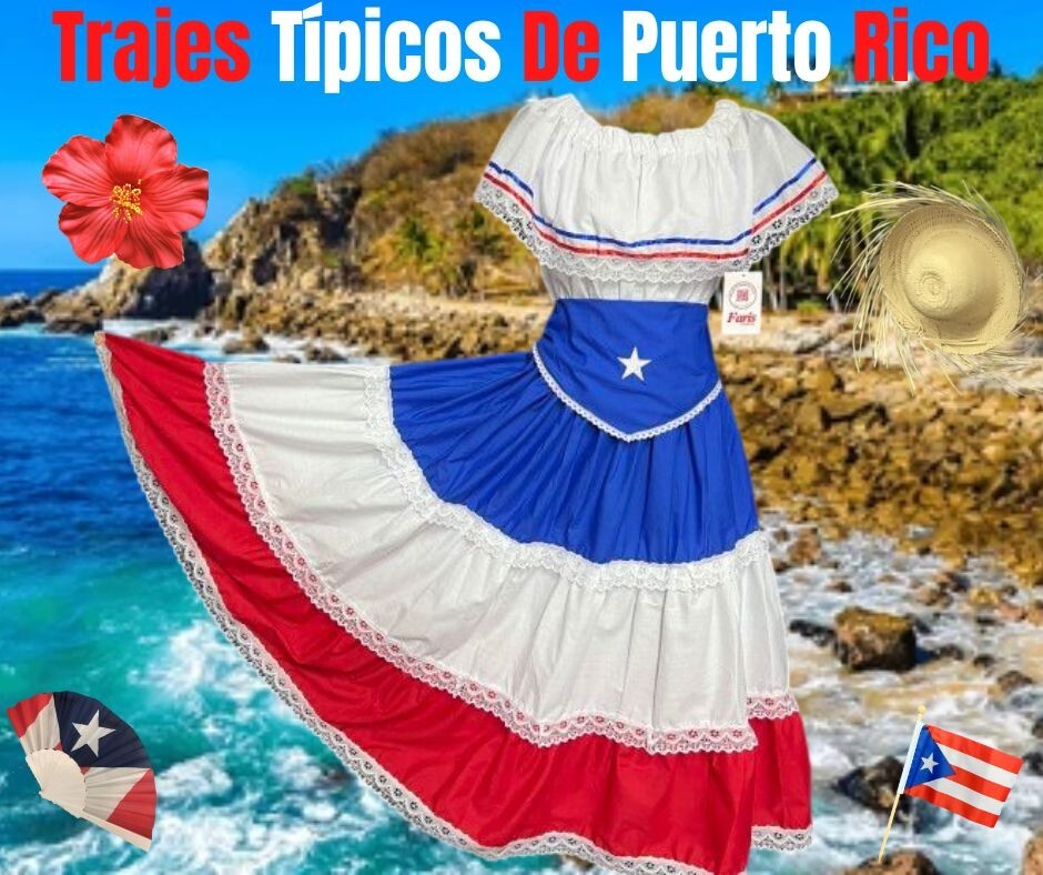 Puerto Rican Flag Skirt Set & Star Belt 3PC Traje Típico Jíbara Boricua ...