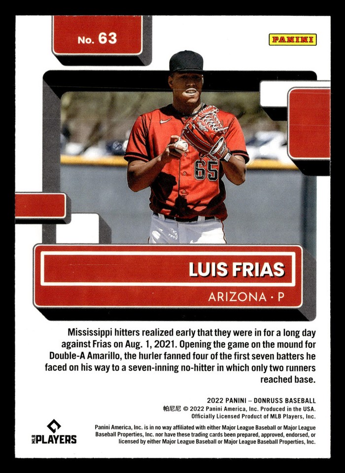 Luis Frias 2022 Donruss RATED ROOKIE #63 Arizona Diamondbacks ROOKIE Free Ship | eBay