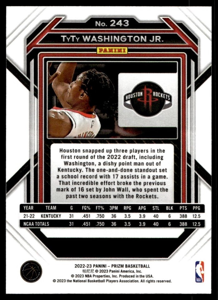 2022-23 Panini Prizm TyTy Washington Jr. Rookie A5 Houston Rockets #243 ...
