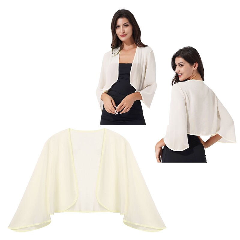 Women Chiffon Solid Bolero Shrug Jackets Open Front 3/4Sleeve Cropped ...