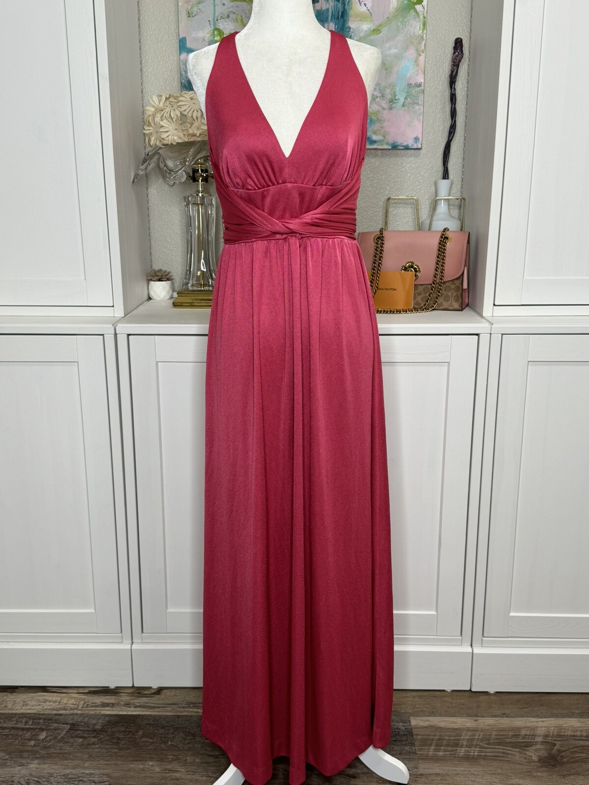 1970s Pink Disco Dress V-neck Halter Wrap Around Tie … - Gem