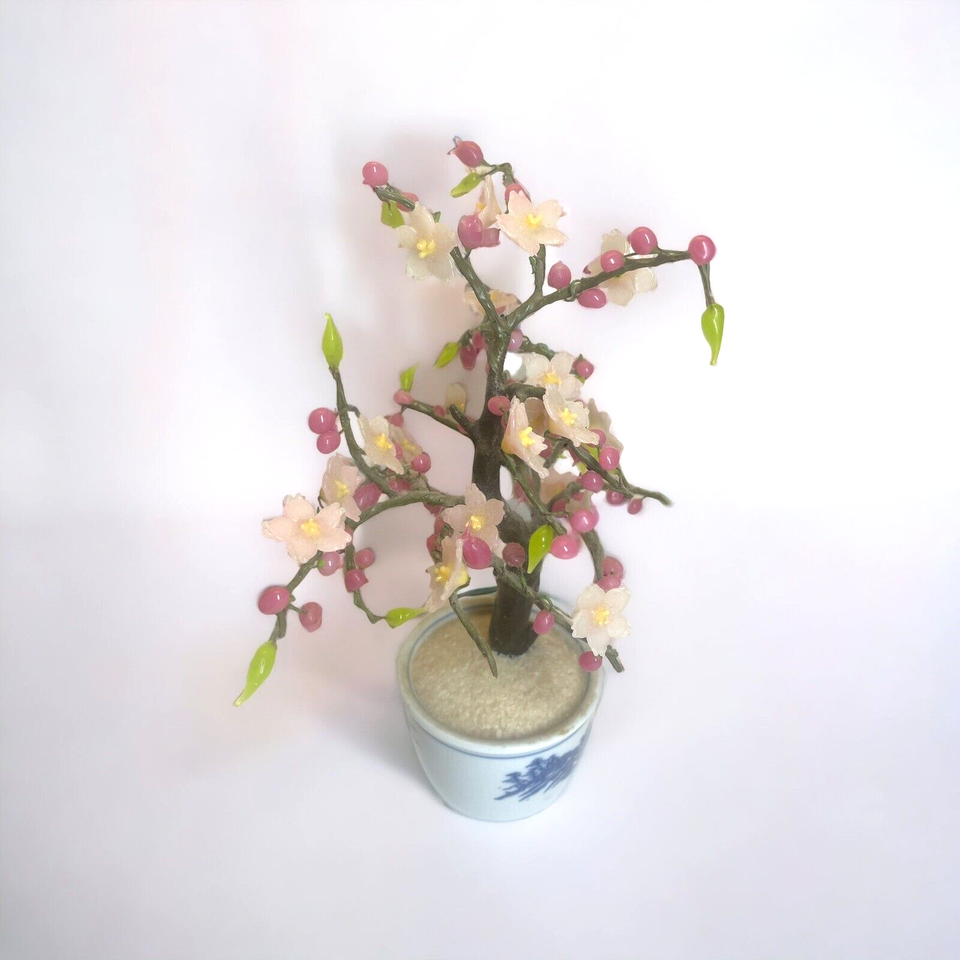Glass Tree VTG Jade Cherry Blossom Flower Bonsai Oriental Pot Japan ...
