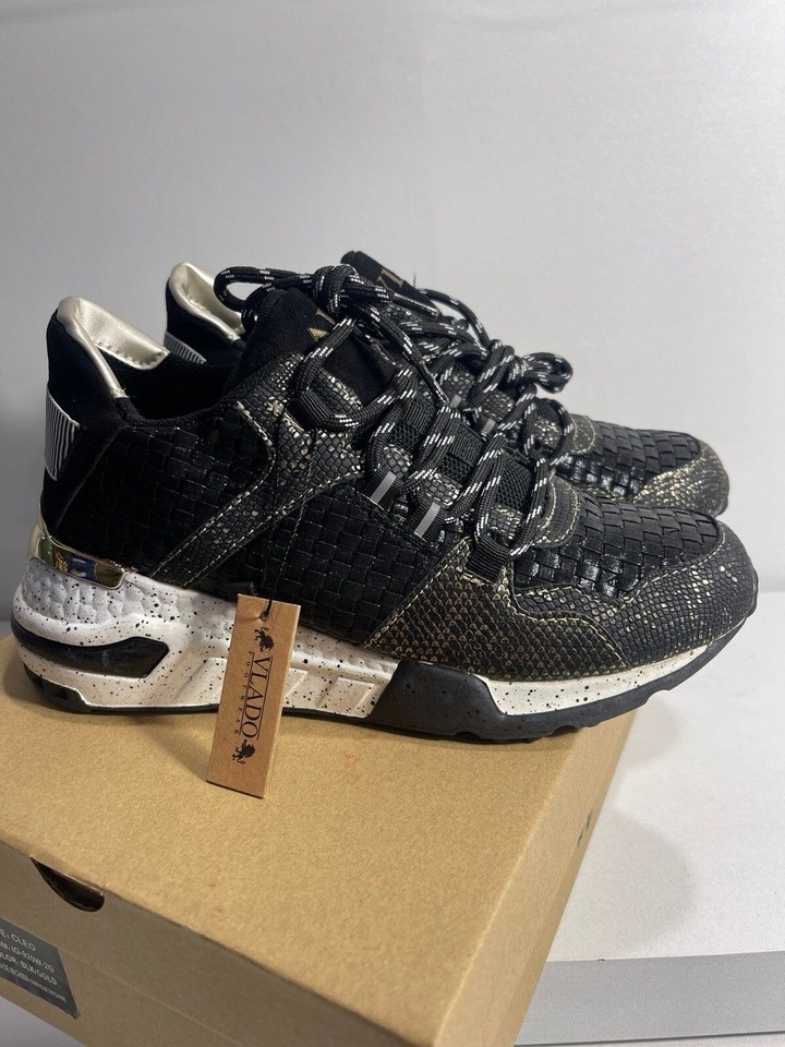Vlado Cleo Sneaker black and gold size 7.5 womens new in box | eBay