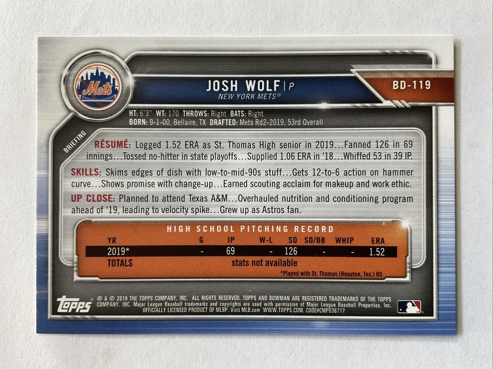 2019 Bowman Draft JOSH WOLF 1st Bowman Card RC San Francisco GIANTS #BD ...