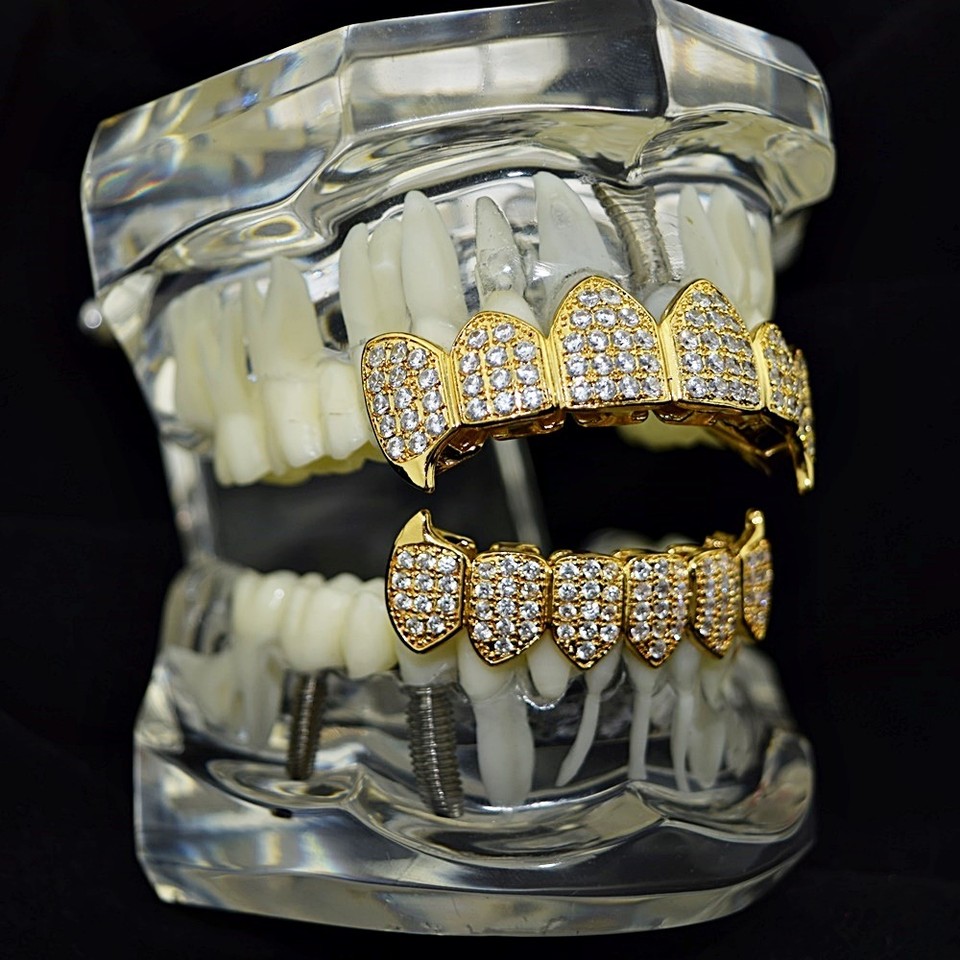 18k Gold Plated Vampire Fang Grillz Set Fangs Grills Iced Simulated CZ ...