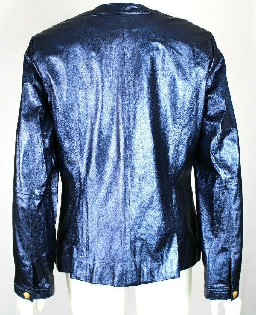 St John Bright Marine Blue Leather Silk Lined Metallic Jacket Sz 12 ...