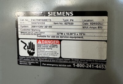 Siemens P4 Panel 600 Amp main Breaker Panelboard 208/120V 3 Phase 4W ...