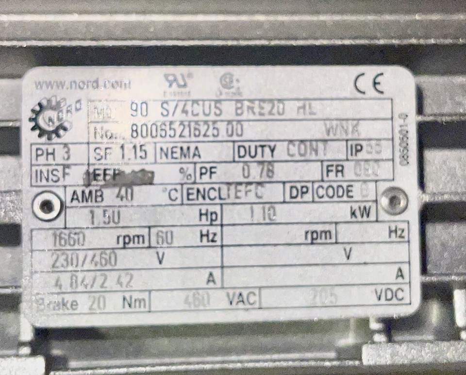 NEW NORD SK 472Z VL-90 S/4 CUS BRE20 HL GEAR MOTOR, 1.5HP, 1660RPM 230 ...