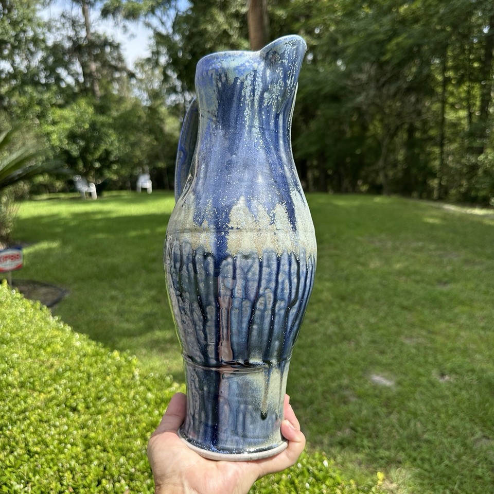 Tim Sherman Studio Pottery Pitcher Wood Fired Blue Drip Ash Glaze ...