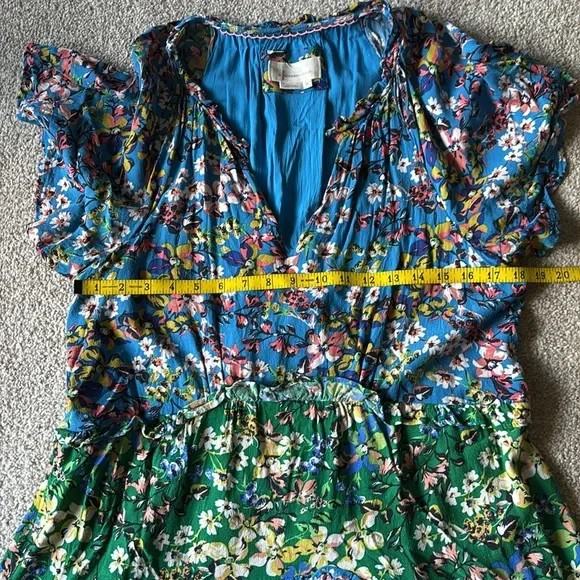 Anthropologie Robin blue green layered short sleeve knee length dress ...