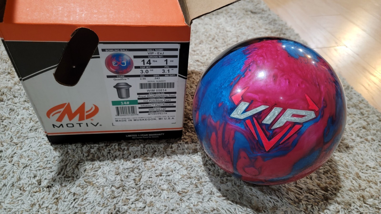 Motiv Vip Exj 1st Quality Bowling Ball | 14 Pounds | 3.1" Pin | 3oz Top ...