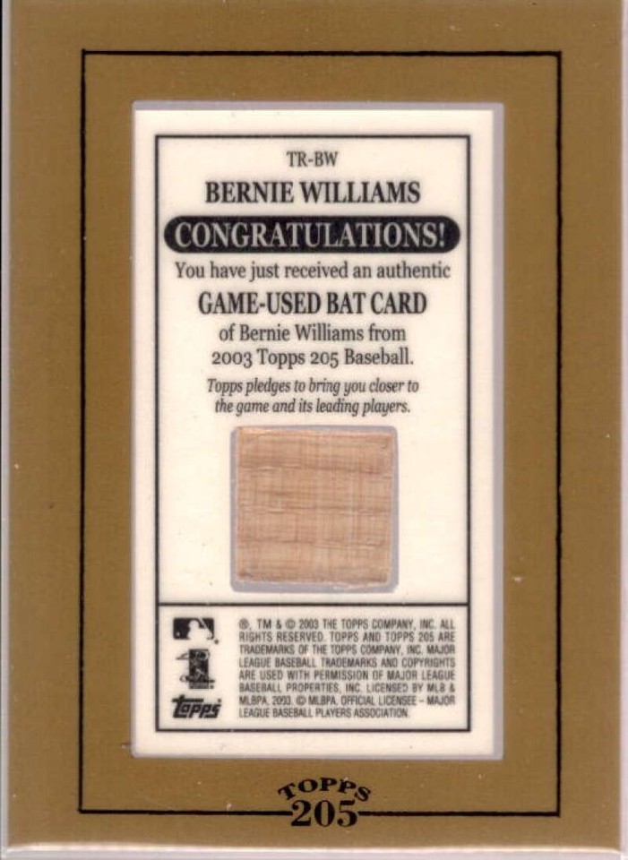 Bernie Williams Bat Card 2003 Topps 205 Relics #BW1 | eBay