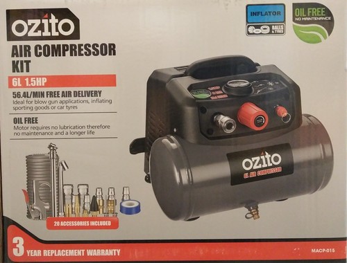 Ozito 6l 1.5hp Oil- Motor Portable Air Compressor Bonus 20pc Accessory ...