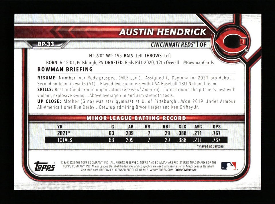 2022 Bowman AUSTIN HENDRICK /50 GOLD Paper Prospect Cincinnati Reds | eBay
