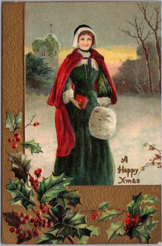 c1910s CHRISTMAS Embossed Postcard Pretty Pilgrim Lady / Church View ...
