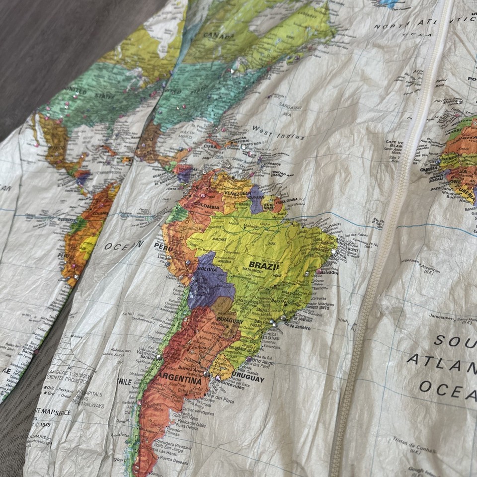 Wearin The World Jacket Mens L Vintage Map Print Tyvek 1989 80s Kurt ...