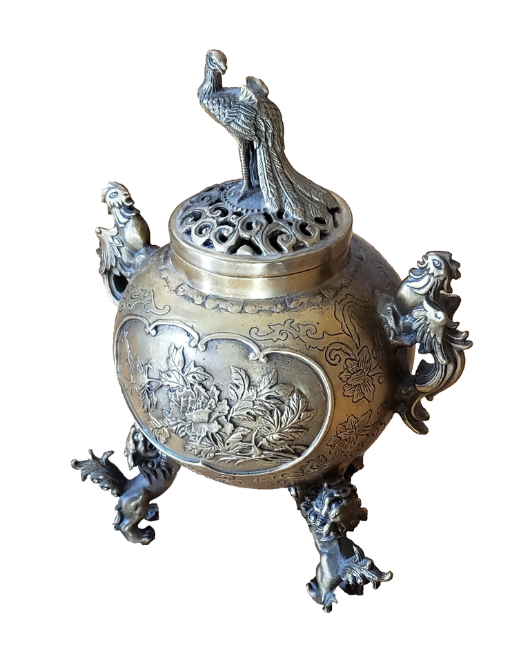 Vtg Chinese Ancient Brass Phoenix Bird Foo Dogs Peacock Incense Burner ...