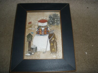1996 C. Wilsker Snowman Playing Golf Framed Picture Print 7.5" x 9.5 ...