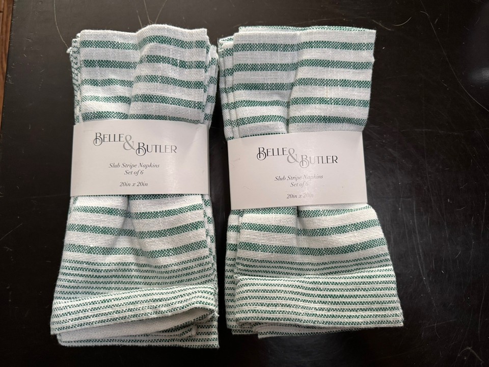 Belle & Butler Slub Green Stripe 20”x20” Cotton Napkins 2 sets of 6, 12 ...