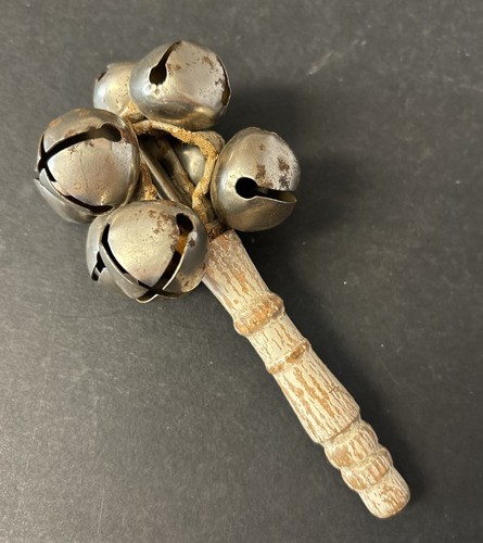 Antique Victorian Baby Rattle Wood Leather 8 Jingle Sleigh Bells 5 1/2 ...