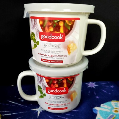 2 Mugs Good Cook Vented Soup 20oz White Microwave Oven Freezer Safe ...